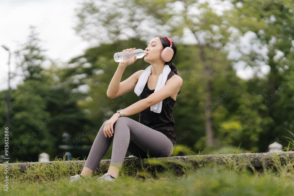 Asian young women drink water from a plastic bottle after exercises or ...