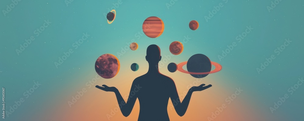Surreal illustration of a person balancing planets in a cosmic, starry ...