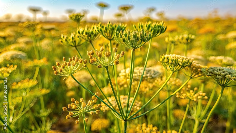 Unripened cumin crop plants in an Egyptian field, with a focus on the ...