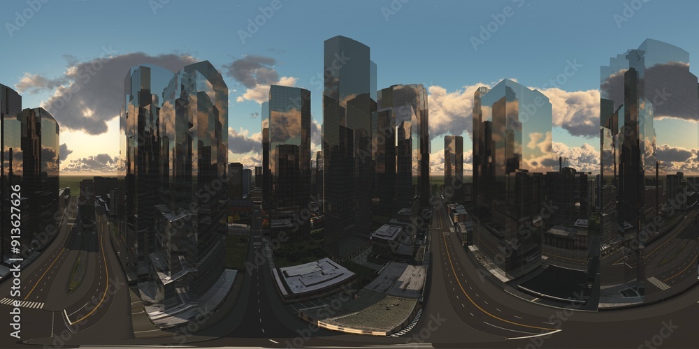 Panorama of the city. Environment map. HDRI map. equidistant projection ...