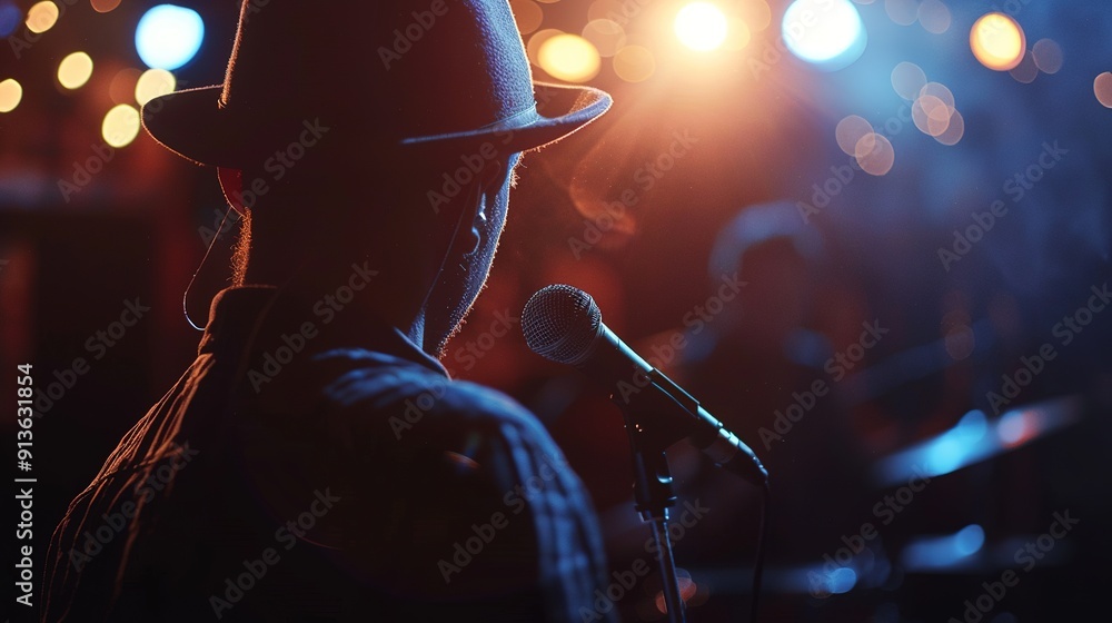 Black silhouette of male rock star singer with a microphone. singer ...