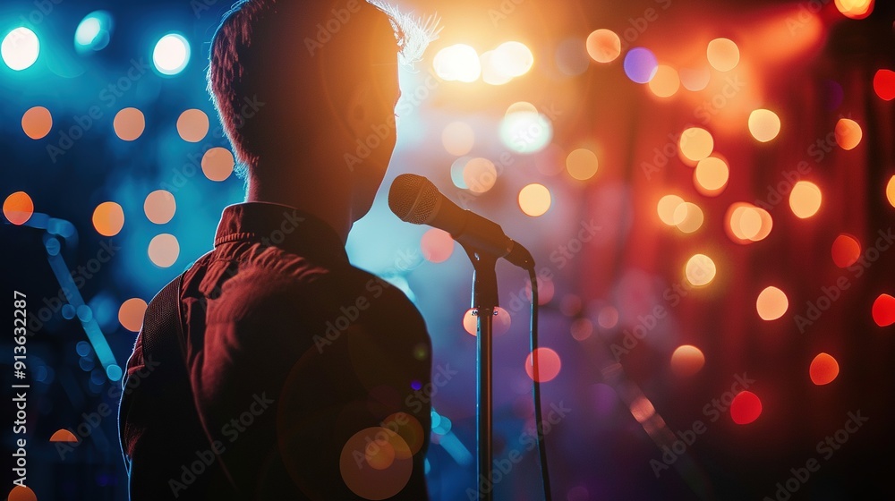 Black silhouette of male rock star singer with a microphone. singer ...