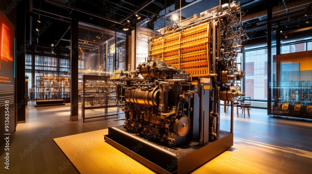 Wide-angle shot of Charles Babbage is mathematical engine in a museum ...