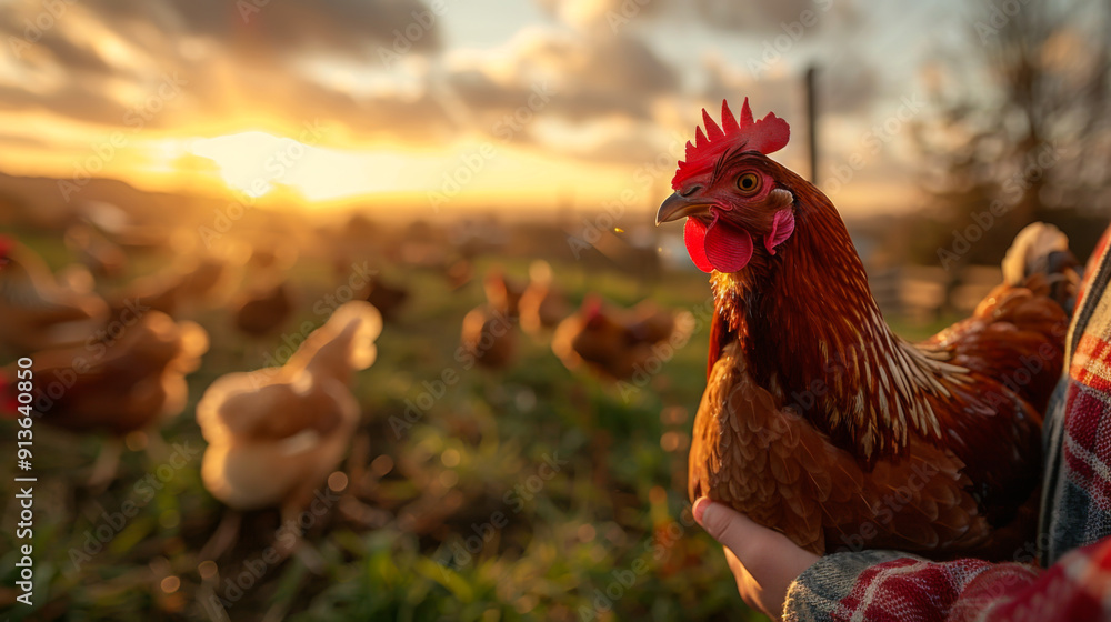 The hands of an experienced farmer holding a chicken in his hands ...