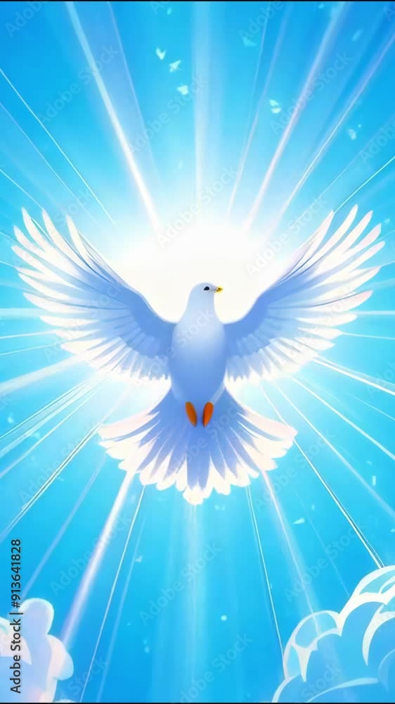 holy spirit as a white dove in rays of light isolated on blue sky ...