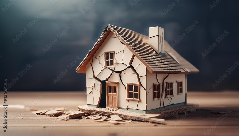 Housing Crisis Depicted: Cracked Model House and Real Estate Market ...