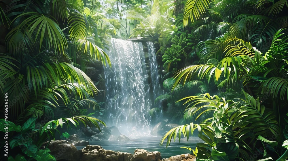Rainforest canopy backdrop with a hidden waterfall prospect, lush and ...