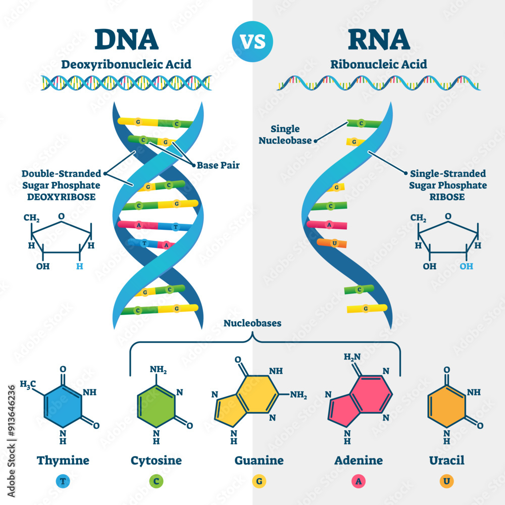 DNA vs RNA illustration, transparent background. Educational genetic ...
