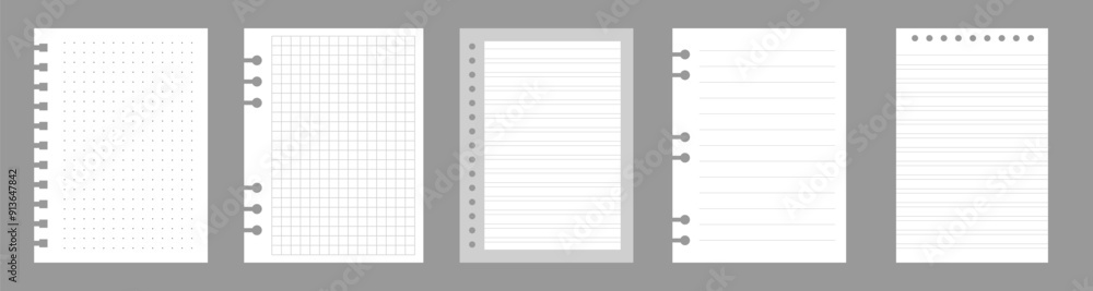 Set of notebook sheets isolated on gray background. Realistic white blanks of checkered, lined ...