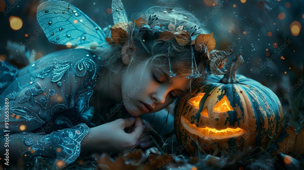Girl in a fairy costume with a carved squash, starry night background ...