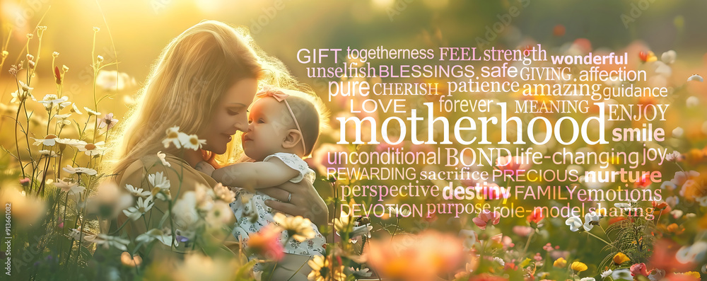 Motherhood Word Cloud - young mum holding her happy smiling child in a ...