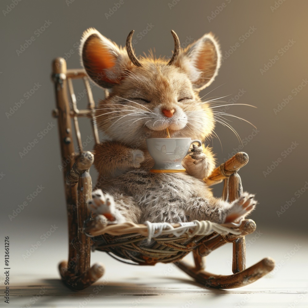 3d , cute chubby fluffy mouse deer , a contented expression, Lying on ...