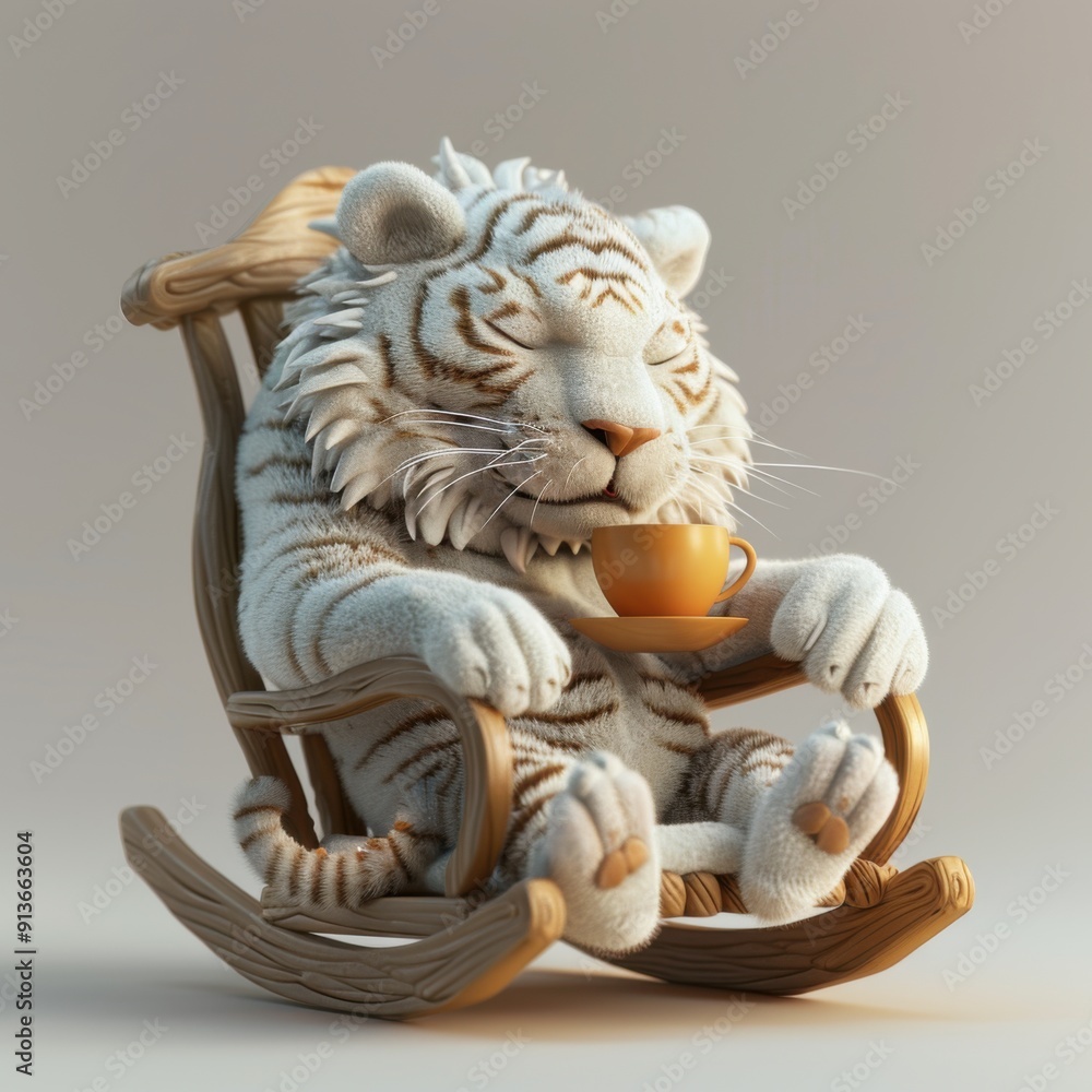 3d , cute chubby fluffy white tiger , a contented expression, Lying on ...