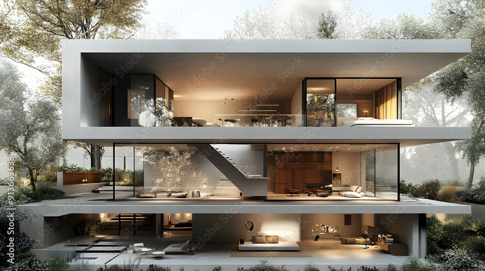 Modern House Design with Glass Walls and Open Floor Plan Stock ...