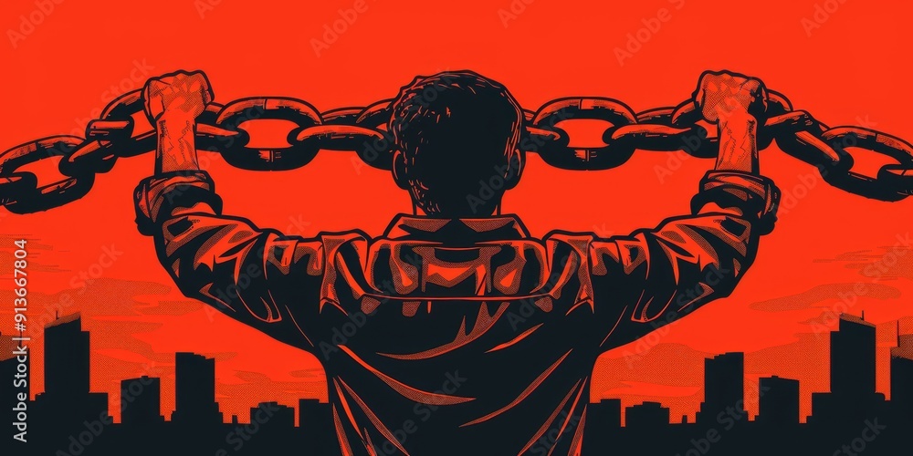 man breaking free from chains against a red sky silhouette city ...