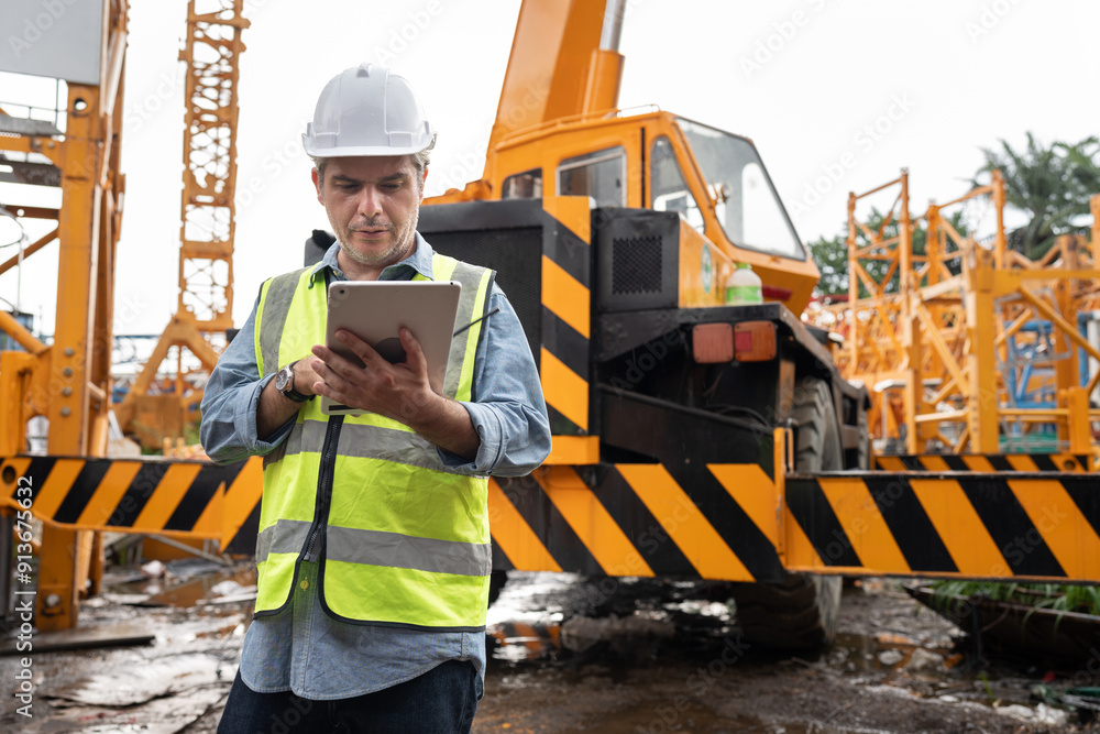 Caucasian mature engineer man worker use tablet computer working with ...