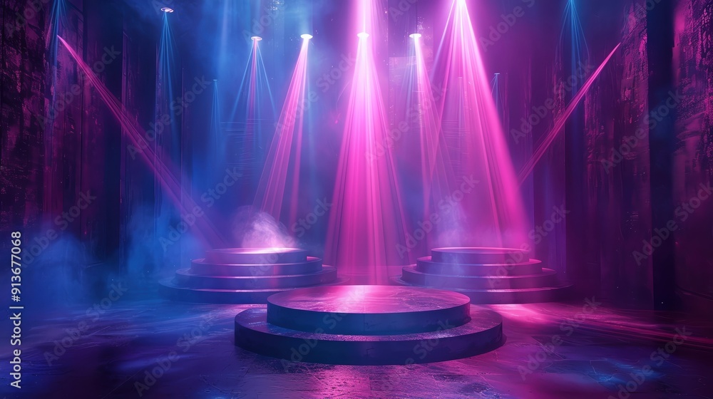 Event stage podium with a holographic 3D background close up, concert ...
