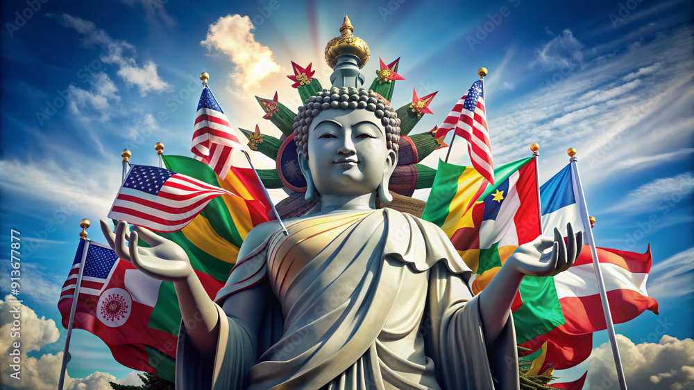 Stylized illustration of a iconic statue with a mix of flags from ...