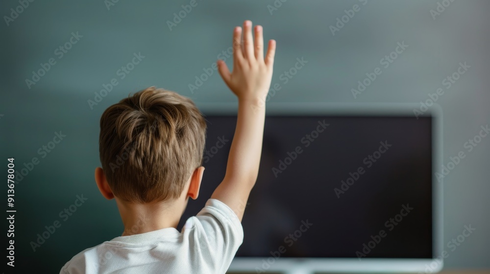 young boy raising hand in front of television screen - online learning ...