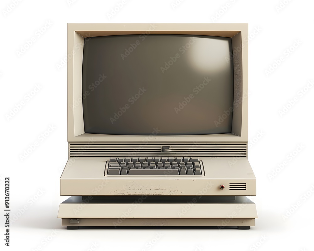 Vintage beige desktop computer with CRT monitor and keyboard, isolated ...