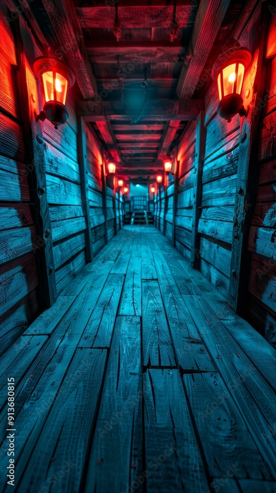 dark wooden corridor with red lanterns and blue light, mysterious and ...