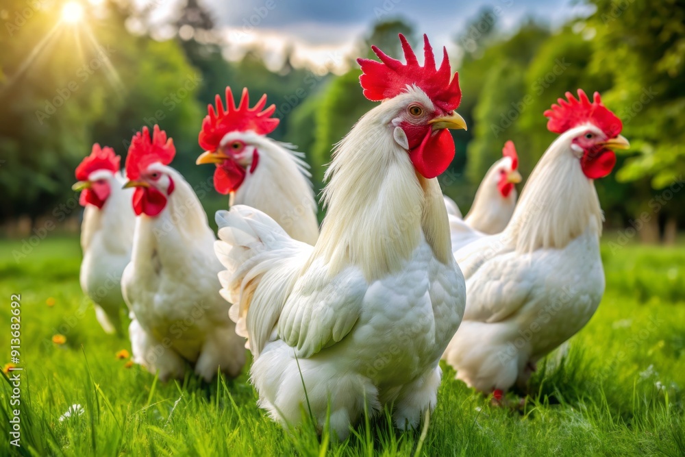 Plump American Bresse chickens roam freely in lush green pasture ...