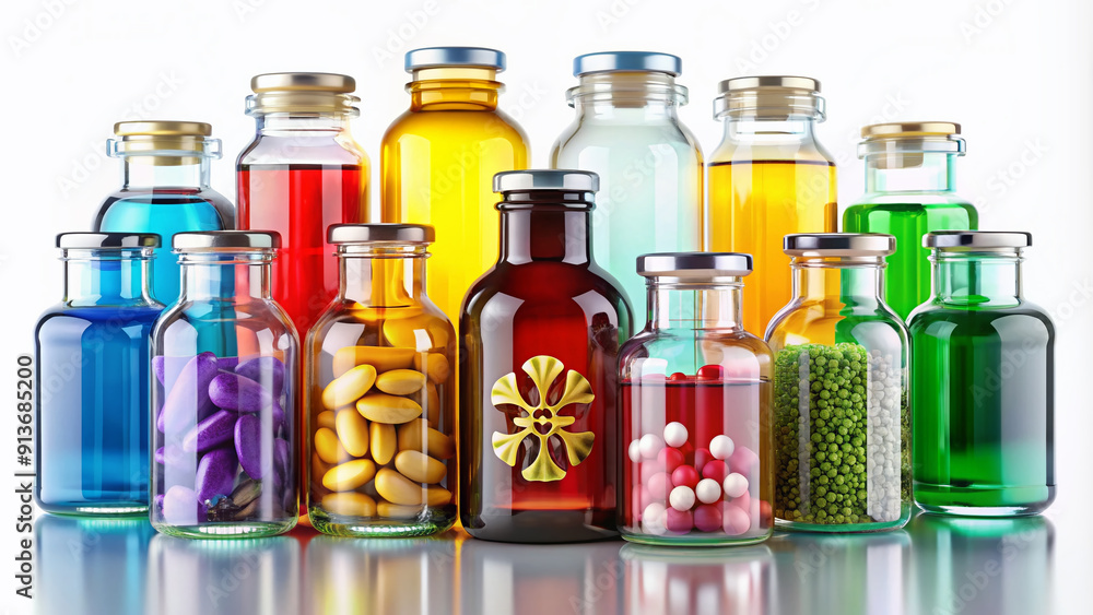 Colorful medicinal labels with various symbols and logos adhere to ...