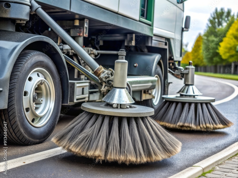 Modern mechanical sweeper truck features close-up side gutter broom ...