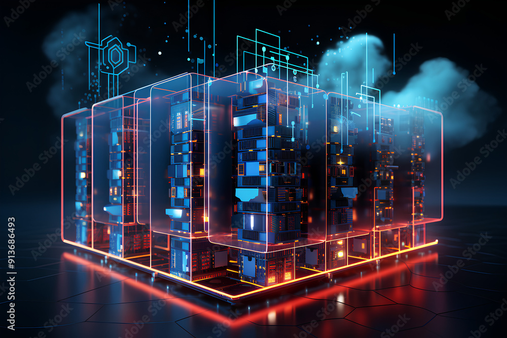 Cloud computing database design with neon plexus ton and cloud icon 3d ...