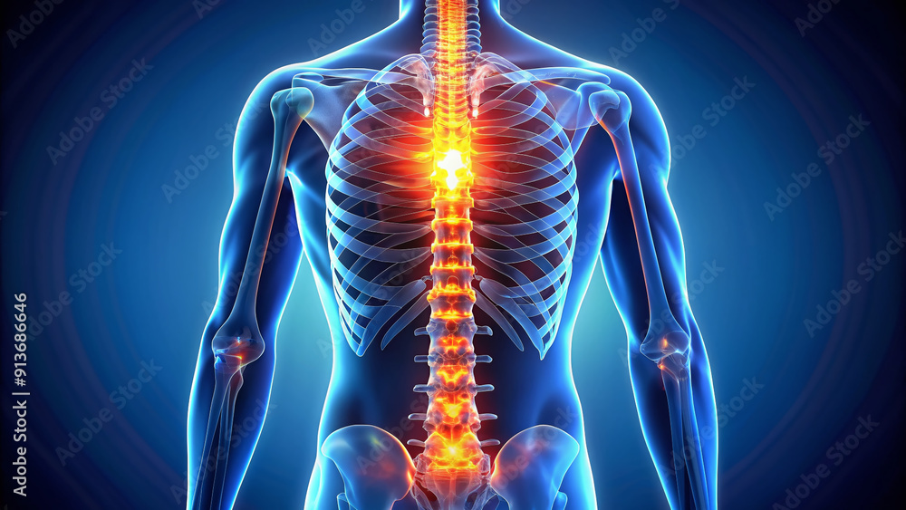 Illuminated 3D model of the human spine and torso, highlighting the ...