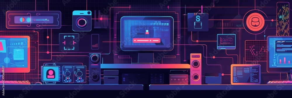 This image depicts a modern workspace with multiple computers and ...