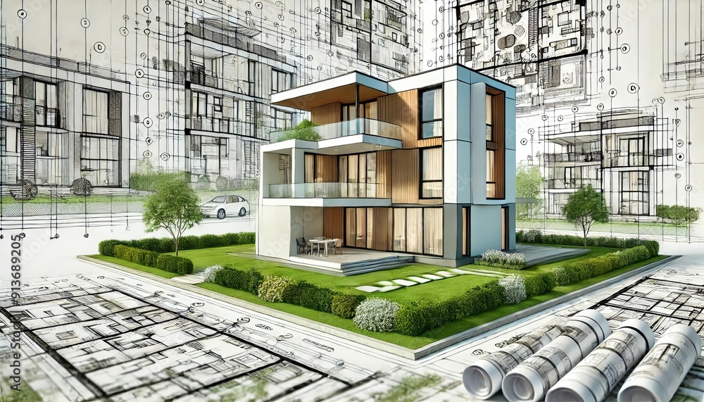 Modern architectural rendering in green and white, urban design plan ...