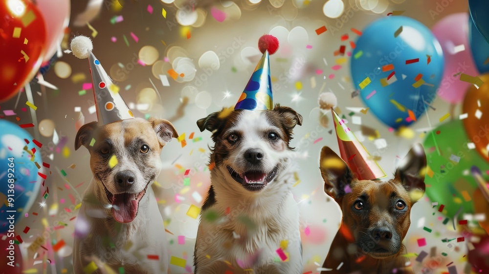 Three dogs wearing party hats celebrate with confetti and balloons ...