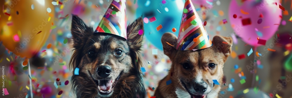 Two dogs wearing party hats, surrounded by confetti and balloons ...