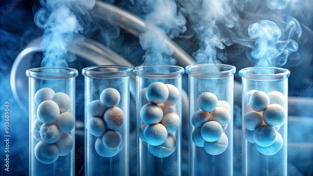 Microscopic view of frozen embryos, suspended in liquid nitrogen ...