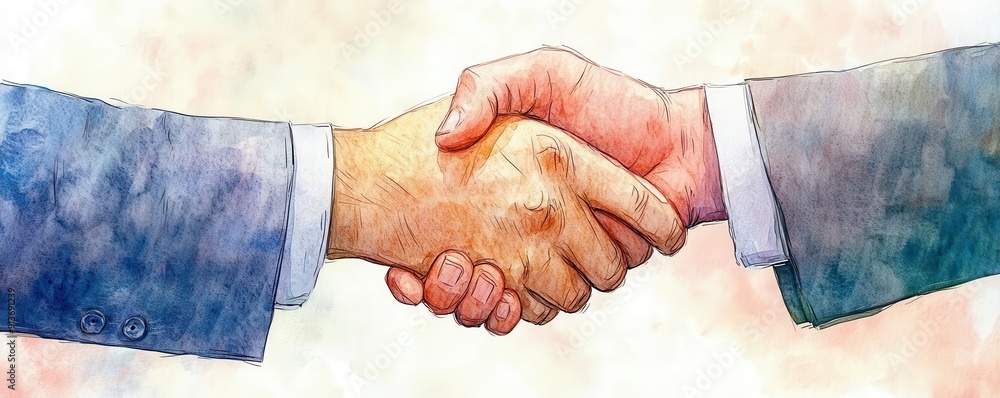 Signed labor union contract with handshake, watercolor style, detailed ...