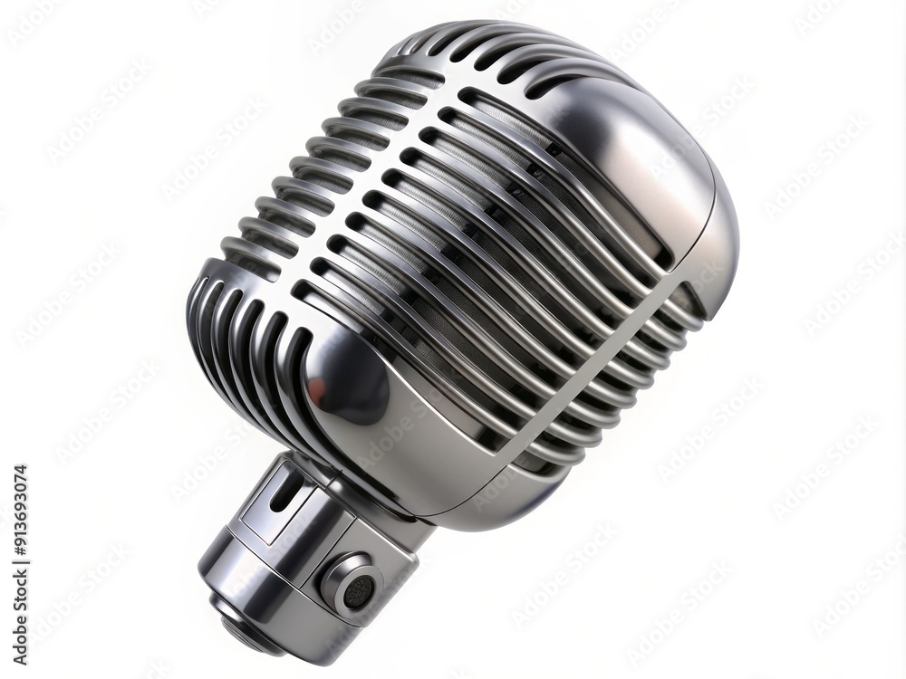 Classic metal microphone with intricate grill details in silver chrome ...