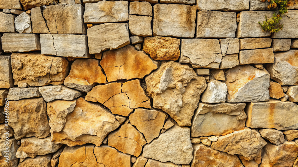 Weathered stone wall with prominent cracks and fissures, worn by time ...
