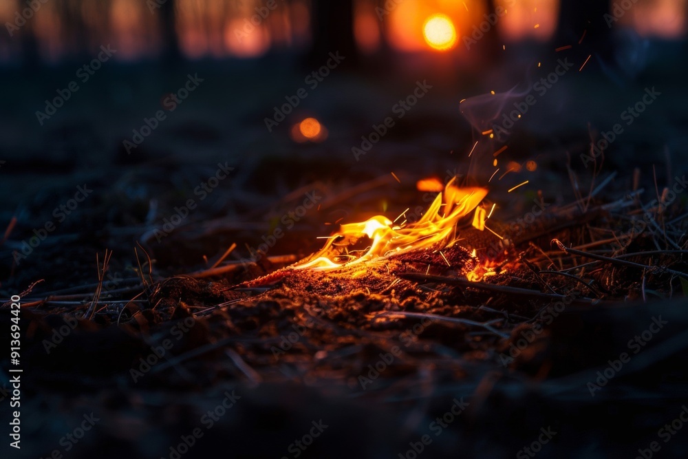 Natural torch spark in the wilderness, igniting a fire and capturing a ...