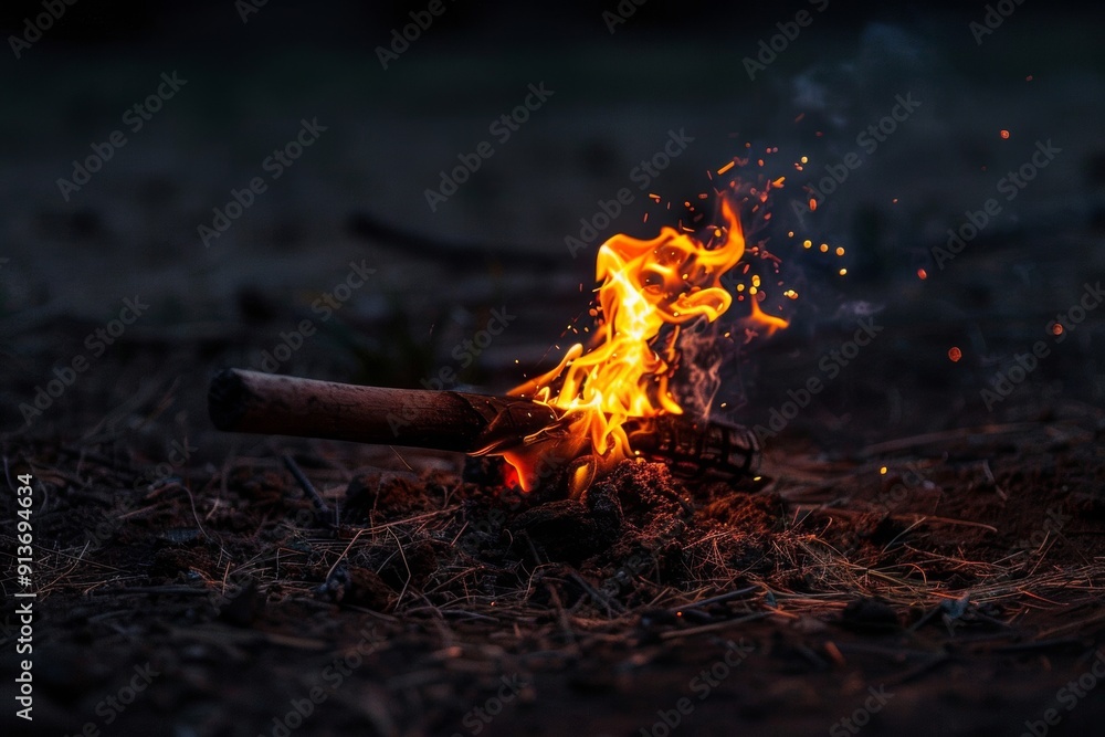 Natural torch spark in the wilderness, igniting a fire and capturing a ...