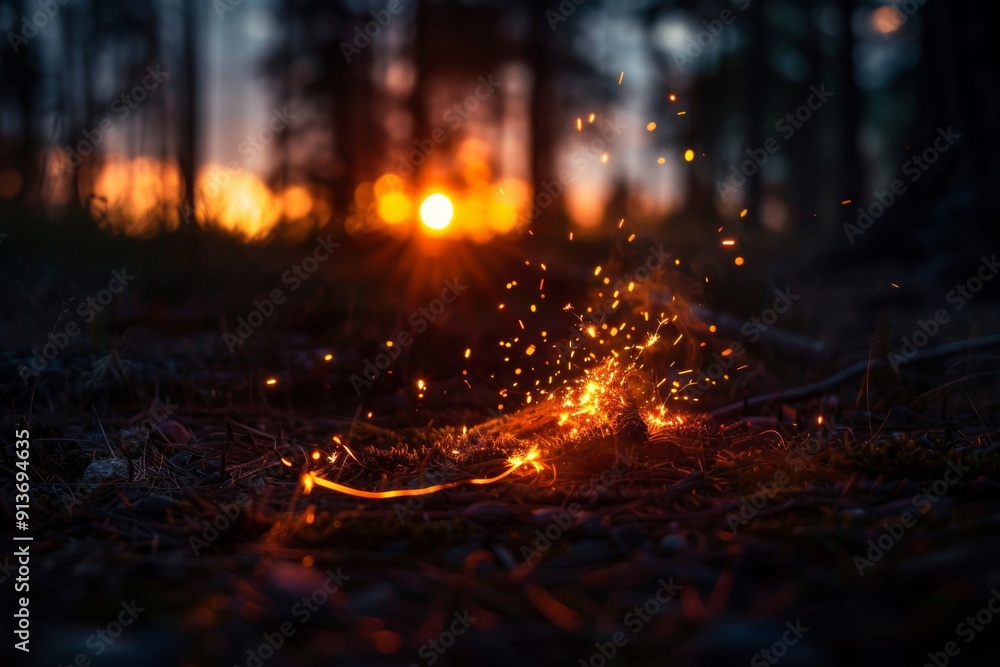 Natural torch spark in the wilderness, igniting a fire and capturing a ...
