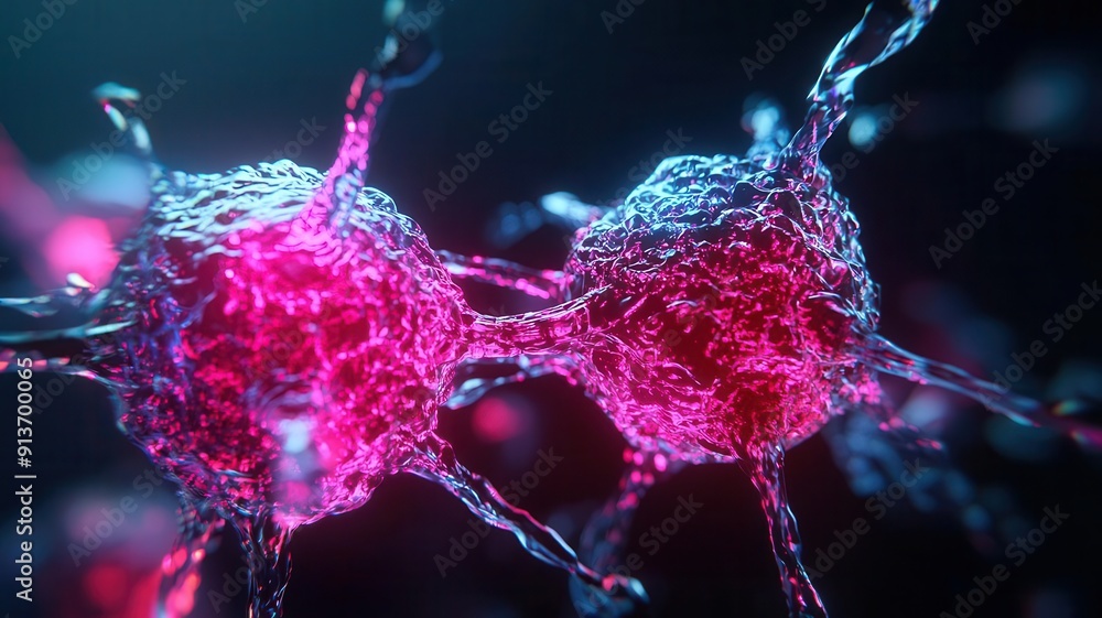 Cancer cell division, neon glow, virtual reality visualization ...