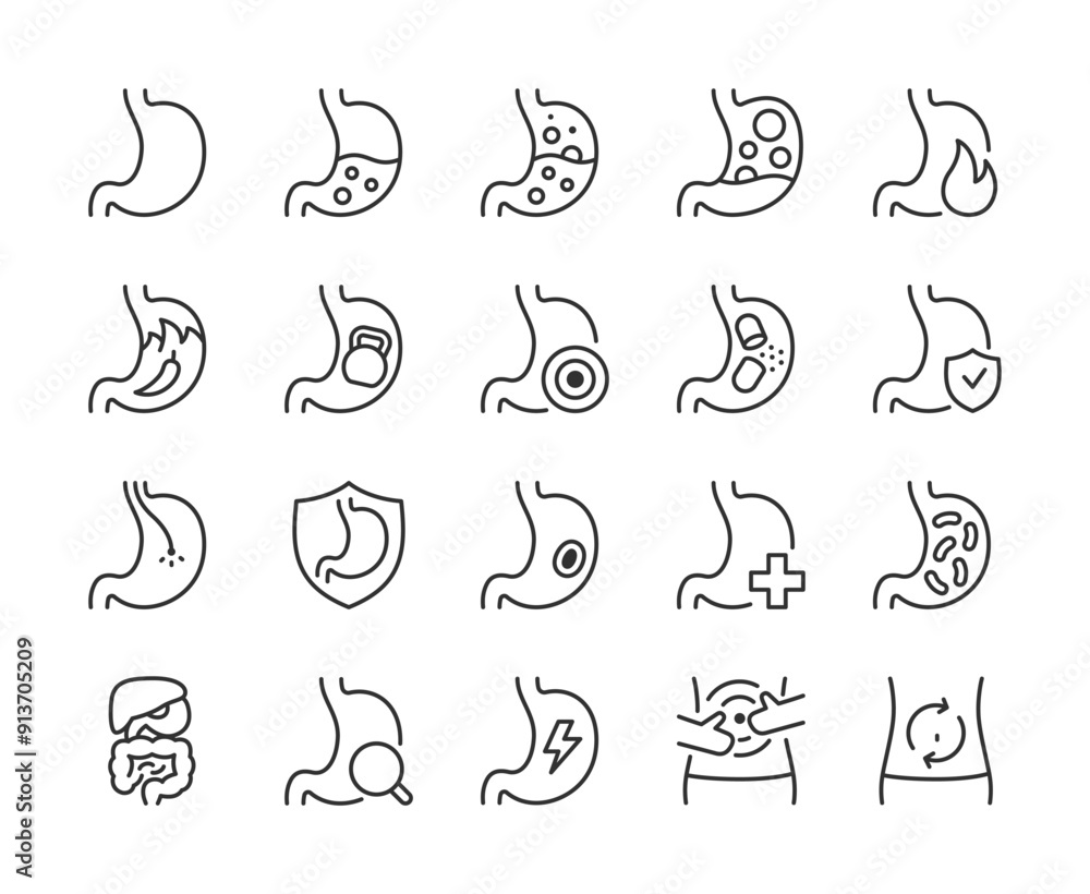 Stomach Icon Set. Ache and Pain, Stomach Discomfort and Digestive ...