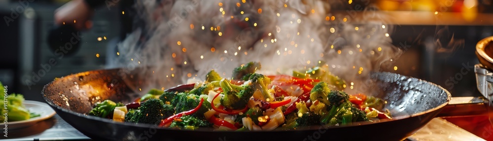 A wok filled with colorful vegetables, steaming and sizzling on a ...