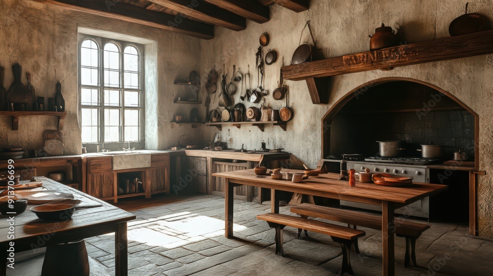 medieval kitchen with large hearths, wooden tables, and antique cooking ...