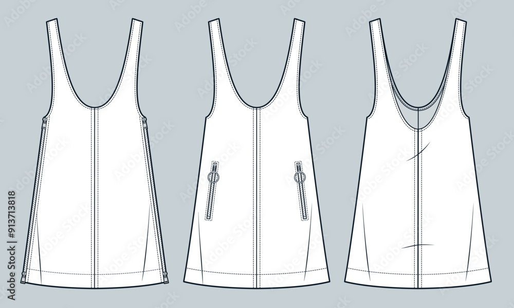 Dungaree Dress technical fashion Illustration. Plunge Mini Dress ...
