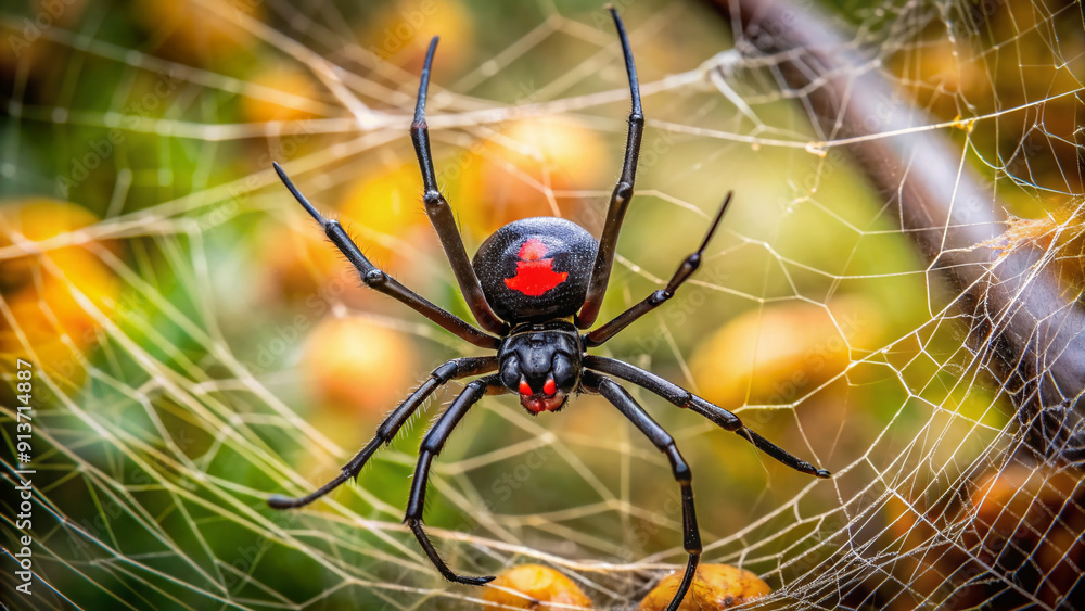 A venomous southern black widow spider rests at the center of its ...