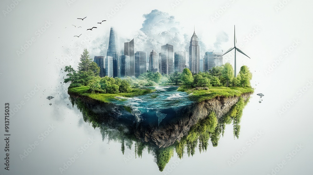 Artistic portrayal of renewable energy sources harmonizing with natural ...