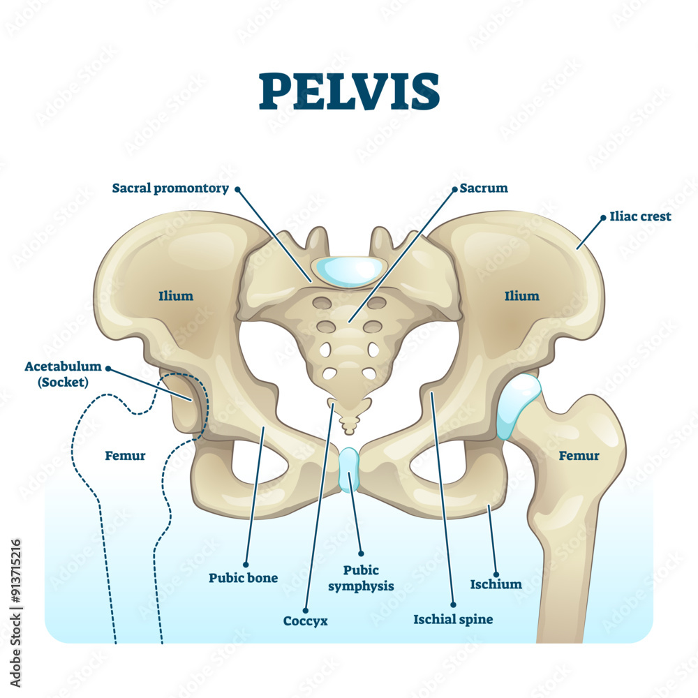 Pelvis anatomical skeleton structure, transparent background. labeled ...