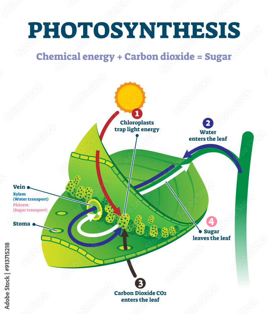 Photosynthesis leaf illustration, transparent background. Labeled ...